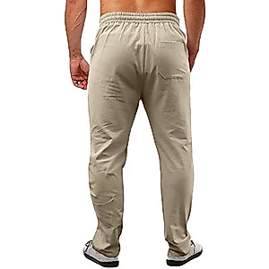 NANAMEEI Mens Linen Pants Casual Mens Linen Trousers Beach Elastic Waistband Pocket Drawstring Beach Pants Khaki XL
