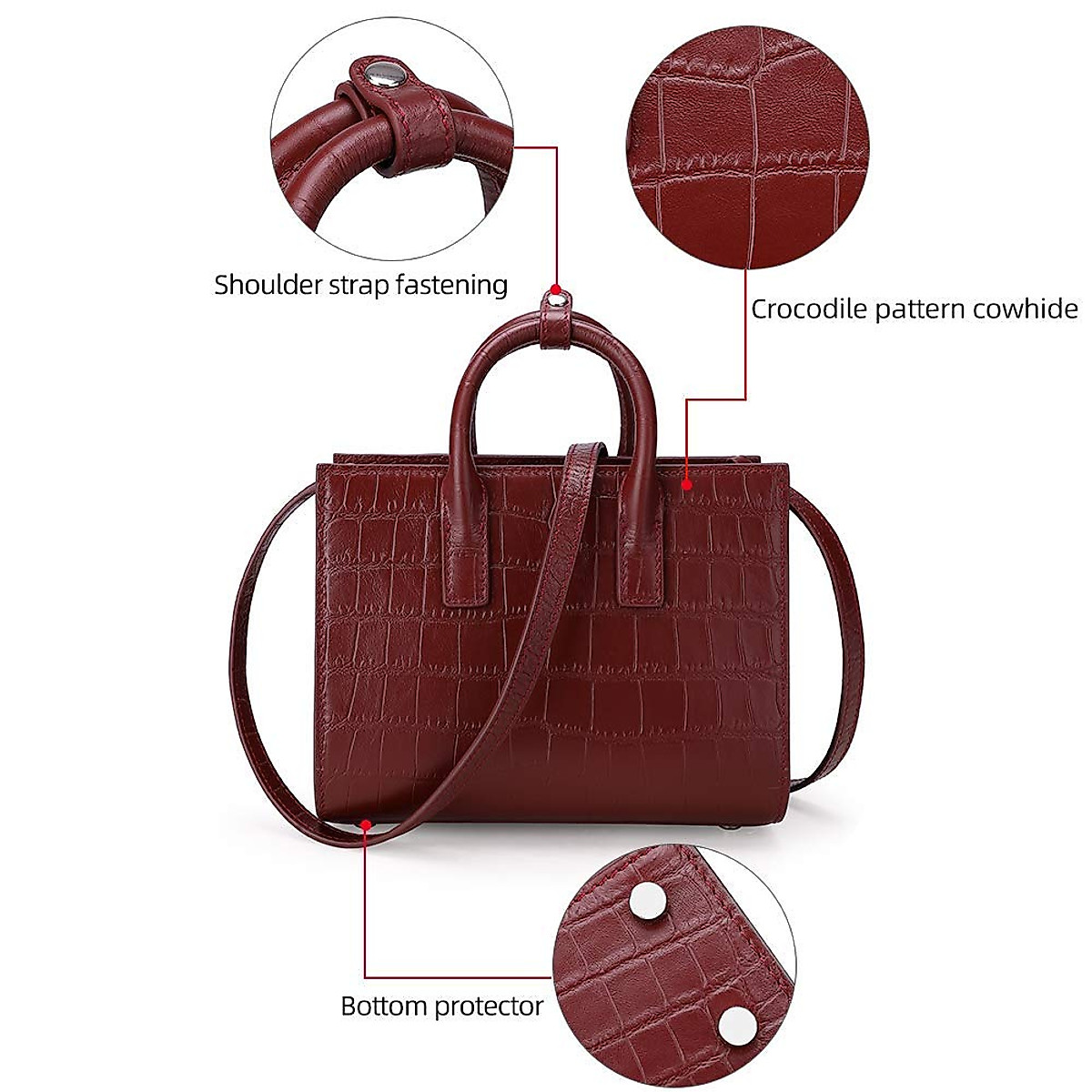 Women Handbags Leather Designer Top Handle Bags Crocodile Pattern Crossbody Shoulder Bags Wine Red Medium