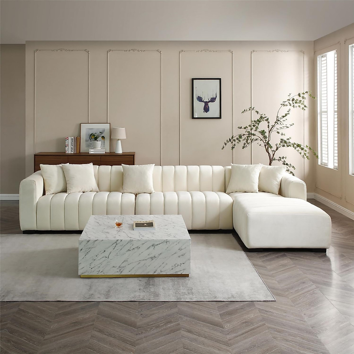 KEVINSPACE 139" Modern Large Velvet Fabric Sectional Sofa, L-Shape Couch 5-Seat Couch with 5 Same Color Pillows, Extra Wide Chaise Lounge for Living Room, Apartment, Office,Beige Right Facing