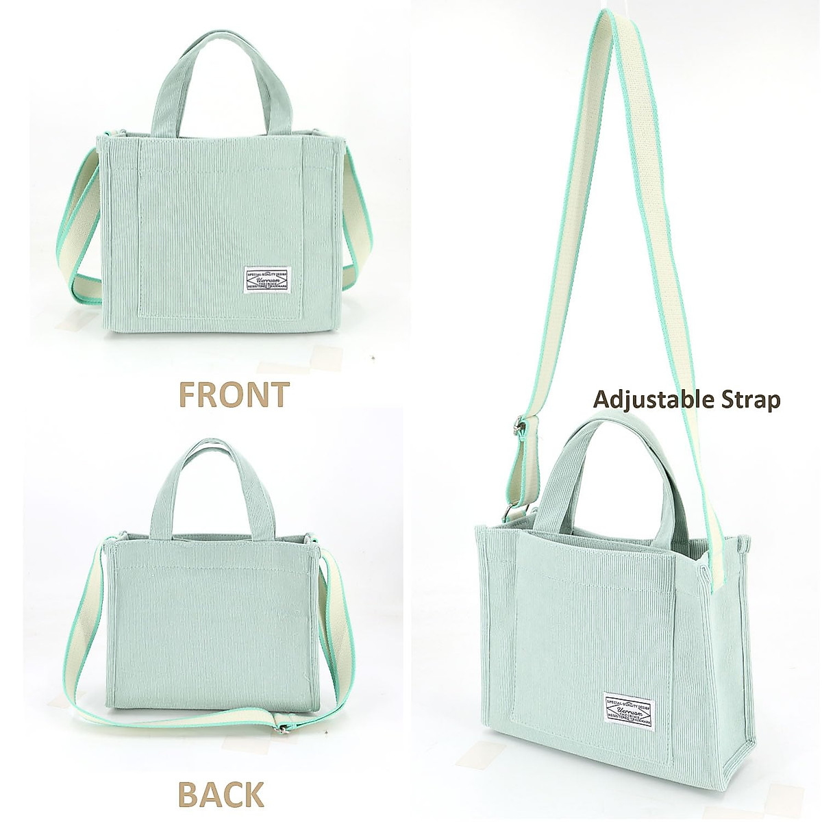 UERRUAM Casual Corduroy Tote Bag for Women-Lightweight Crossbody Bag with Adjustable Strap for Work,Travel,Daily Use,Large,Mint Julep