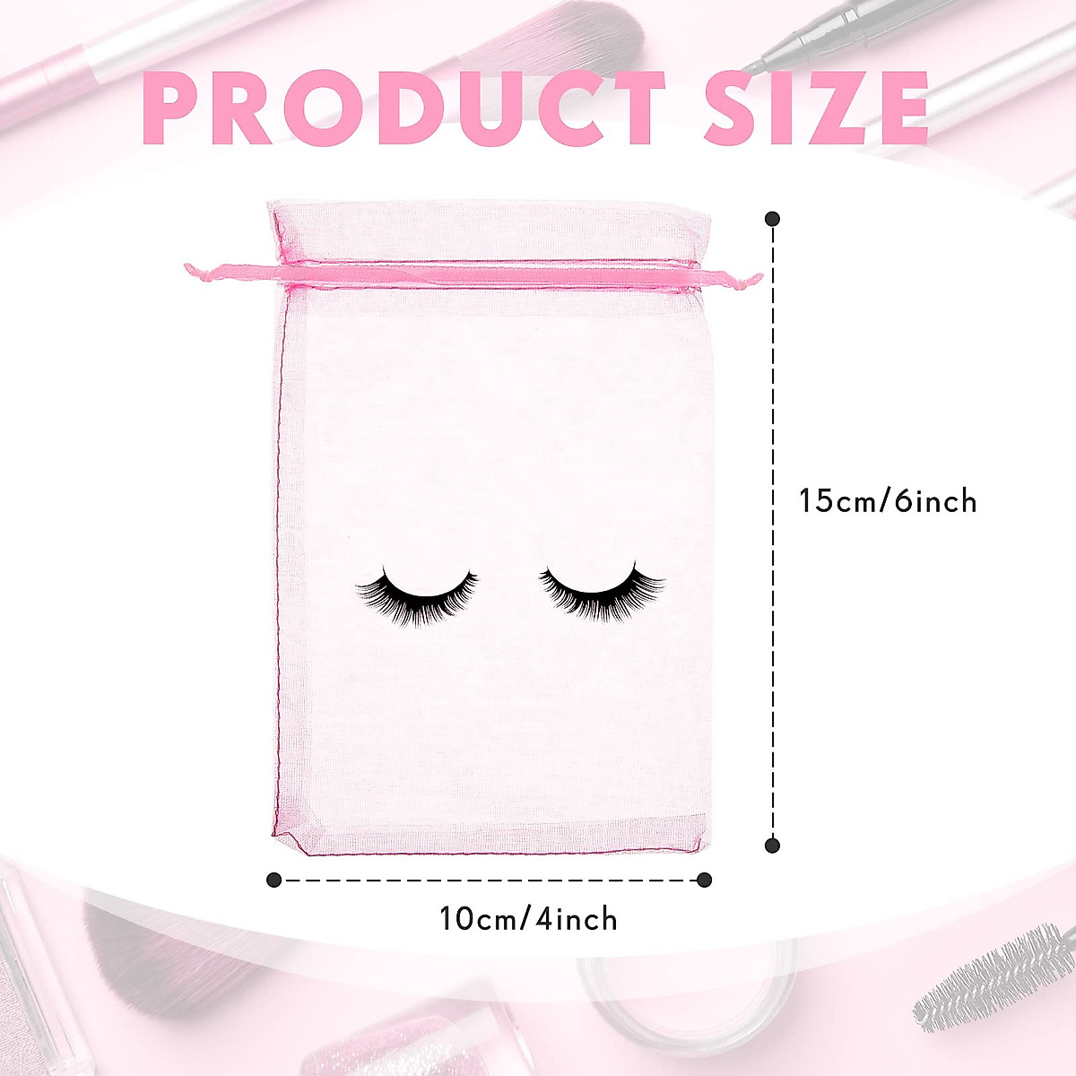 Reginary 100 Pcs Eyelash Aftercare Bags Eye Lash Print Makeup Bags Empty Beauty Gift Bags Women Drawstring Cosmetic Bag Organza Bags Pouch for Makeup Jewelry Supplies(4 x 6 Inch,Pink Plus Black)