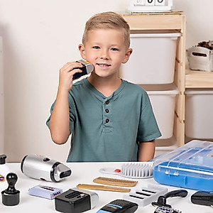 JOYIN 23Pcs Pretend Play Shaving & Grooming Kit for Kid, Boy Girl Barber Set w/ Storage Box, Toddler Hair Cutting Playset w/ Shaver, Scissors, Dryer, Razors for Boys Birthday, Presents Toys