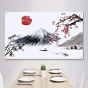 Japanese Wall Hanging Photo Banner Asian Mount Fuji Red Sun Backdrop Japanese Landscape Nature Background for Japanese Party Wall Home Decorations, 72.8 x 43.3 Inch
