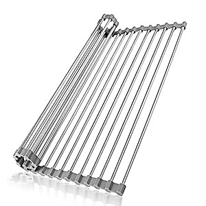 KIBEE Dish Drying Rack, 304 Stainless Steel Roll Up Over The Sink Drainer for Cups Fruits Vegetables,Gadget Tool for Many Kitchen Task(17.75 x 13.75 Gray)