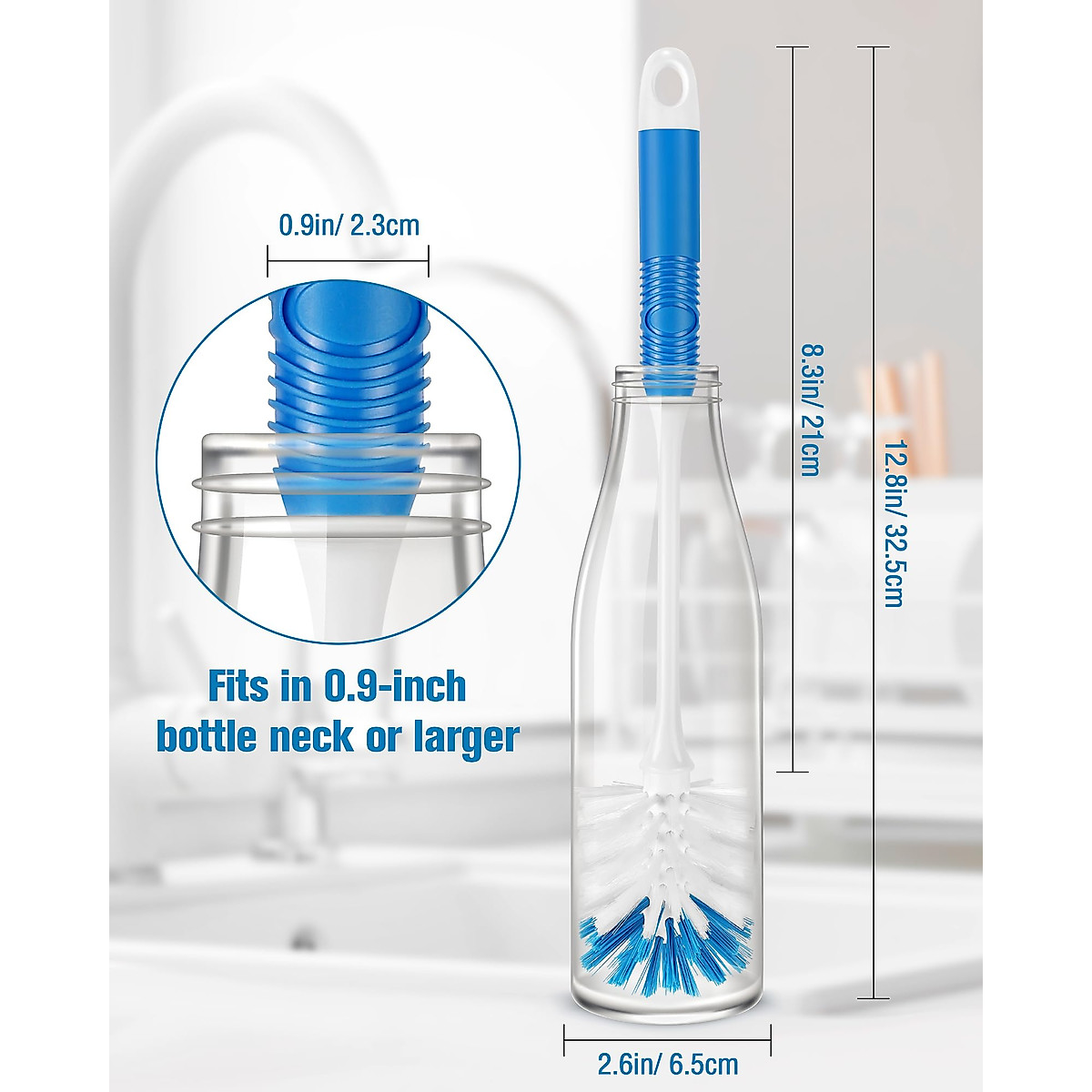 YeuDeuy Long Handle Bottle Brush, Bottle Brush Cleaner with Dual Function Bristles for Water Bottles, Glasswares, Mugs, Thermoses, Baby Bottles, Blue 3 Pack