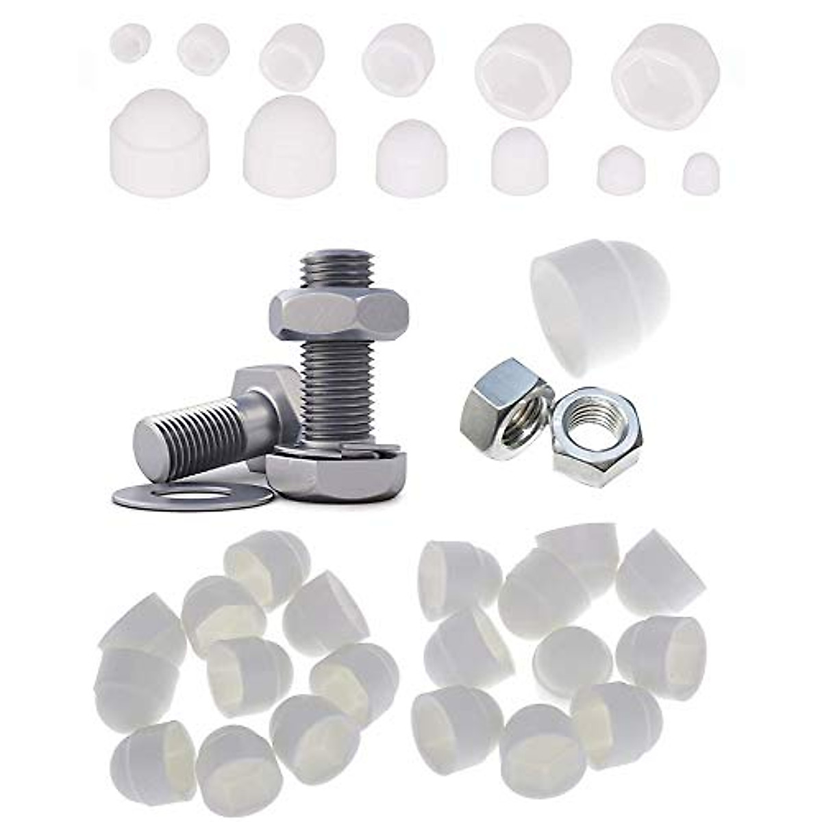 Guard4U 170Pcs 6-Sizes White Bolt Covers Screw Caps Assortment Kit,M4 M5 M6 M8 M10 M12 Plastic Acorn Dome Protection Caps for Protecting Hexagon Shaped Screws Bolts
