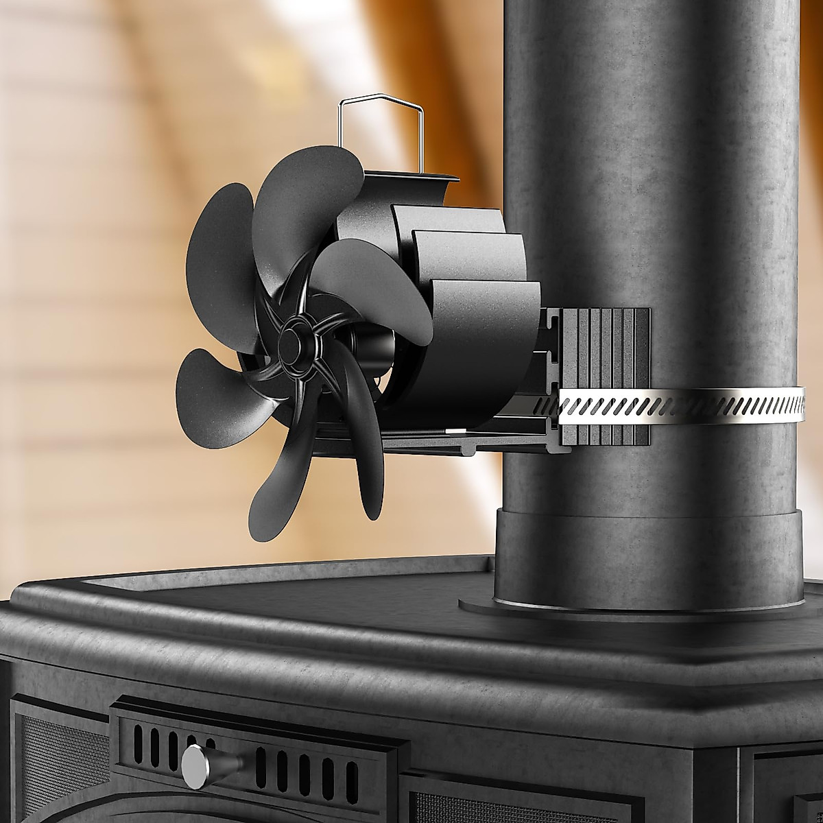 Zgrmbo Wood Stove Fan, 6 Blades Heat Powered Fireplace Fan with Magnetic Thermometer, Upgrade Chimney-Bundled Type Fireplace Fan, Silent Eco Fans for Log Burner Metal Wood Stove Pipe