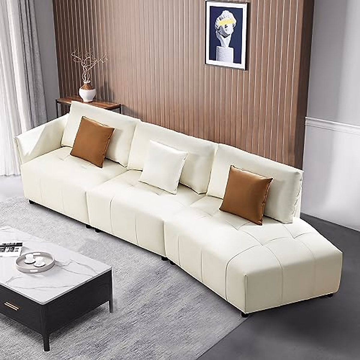 BAMOOLI 120'' Leather Curved Sectional Couches, Mid-Century Modern Leather Sectional Sofa Couches with 3 Pillows, Modular Sectional Couch Real Leather Sofas for Living Room, Bedroom, Apartment, Beige