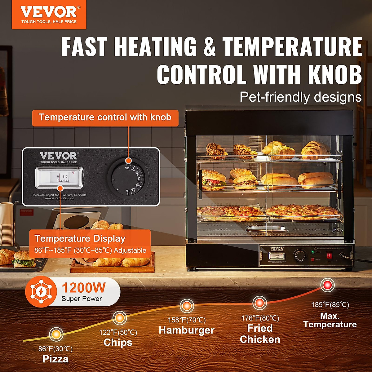 VEVOR 3-Tier Commercial Food Warmer Display, 1200W Food Display Warmer with Light, Adjustable Shelf and Temperature Display, 86℉~185℉ Steam Heating, 111L for Hamburger, Pizza, Bread, Fried Chicken