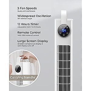 Uthfy Tower Fan with Remote Control, Oscillating Bladeless Fan, 43 Inch, Quiet 3 Speeds, Large LED Display,12H Timer, Standing Floor Fans Whole Room Home Office, White, One Size, ATF-014L-2