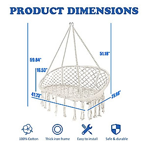 Grassman Hammock Chair Macrame Swing, Macrame Indoor Outdoor Hanging Chair Swing Handmade Knitted Mesh Two Person