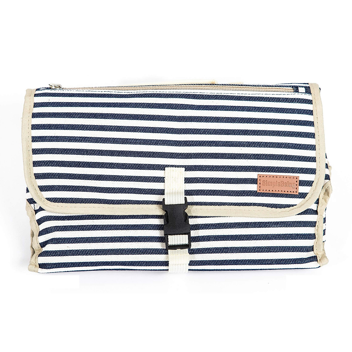 Simple Being Portable Changing Pad, Travel Diaper Canvas Clutch Mat, Diaper Bag Essential with Storage Pockets for Wipes and a Supportive Foam Head Pillow Padding (Navy Stripe)