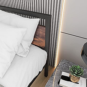 BOFENG Black Queen Size Bed Frames with Wood Headboard and Footboard,Heavy Duty Platform Bed Frame with Storage No Box Spring Needed,Steel Slats Mattress Foundation Square Pipe Design Noise Free,Brown
