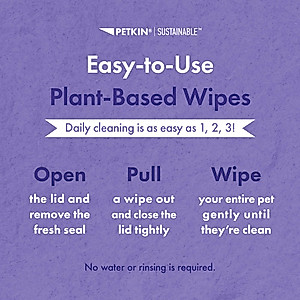 Petkin Plant-Based EarWipes, 80 Wipes - Biobased & Sustainable Pet Ear Wipes for Dogs & Cats - Cleans Ear Area, Dirt, Odor & Wax - Consciously Cleans & Conditions - Easy to Use - Lavender