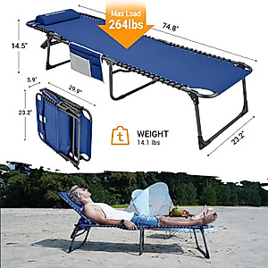 FUNDANGO Folding Outdoor Chaise Lounge Chair, 5-Position Adjustable Lounge Chair for Lawn, Patio, Beach, Sunbathing, Deck, Portable Heavy-Duty Camping Reclining Chair with Pillow, Blue