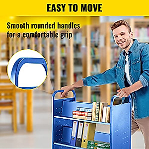 BestEquip Book Cart, 200LBS Library Cart, 49.2''x35.4''x18.9'' Rolling Book Cart, Double Sided W-Shaped Sloped Shelves with Lockable Wheels for Home Shelves Office School Book Truck Blue