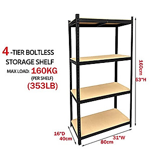 Shelves for Storage, Garage Racking Shelving Unit, 4 Tier Heavy Duty Shelf Unit for Shed Warehouse Workshop Garden, 63" H x 31" W x 16" D, Black, Metal & MDF Boltless Assembly System