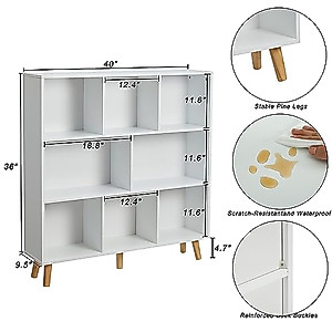3-Tier Bookshelf, 8-Section Wooden Bookcase, Storage Organizer with Pine Legs, Modern Storage Display Cabinet for Living Room, Classroom, Kid’s Room (White)