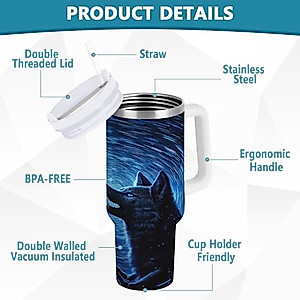 Slewiaeky Tumbler with Handle 40 oz Goth Skull Classic Wolf Travel Mug with Lid and Straw Stainless Steel Vacuum Insulated Water Bottle Cup for Iced Tea Coffee Cold Beverages Cup Holder Friendly