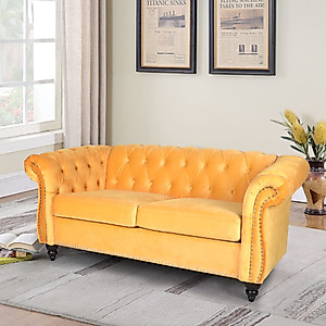 LEVNARY Velvet Sofa, Chesterfield Tufted Upholstered 2 Seater Couch, Modern Loveseat Couch Classic Furniture for Living Room Bedroom (Yellow)