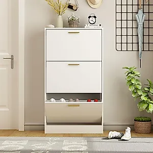 NOVAMAISON Narrow Shoe Storage Cabinet, Shoe Cabinet for Entryway with 3 Flip Drawers, Wood Hidden Shoe Storage, Freestanding Shoe Organizer for Hallway, Bedroom, Apartment, White