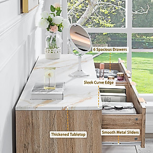 6 Drawers Dresser for Bedroom, 54" Large Storage Dresser, Farmhouse Wood Dressers with Faux Marble Top, Modern Dressers & Chests of Drawers for Living Room Entryway, Fluted Curved Profile, Natural Oak