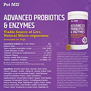 Pet MD Probiotics & Enzymes for Dogs - Gut Health Chews with Prebiotics - Digestive Aid for Dogs with Upset Stomach, Diarrhea, Constipation, or Gas - Functional Probiotics for Dogs - 60 ct