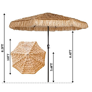 KITADIN 10FT Patio Umbrella Thatched Tiki Outdoor Umbrella with Plug Tropical Hawaiian Style Grass Beach Umbrella with Crank Lift Natural (No Base)