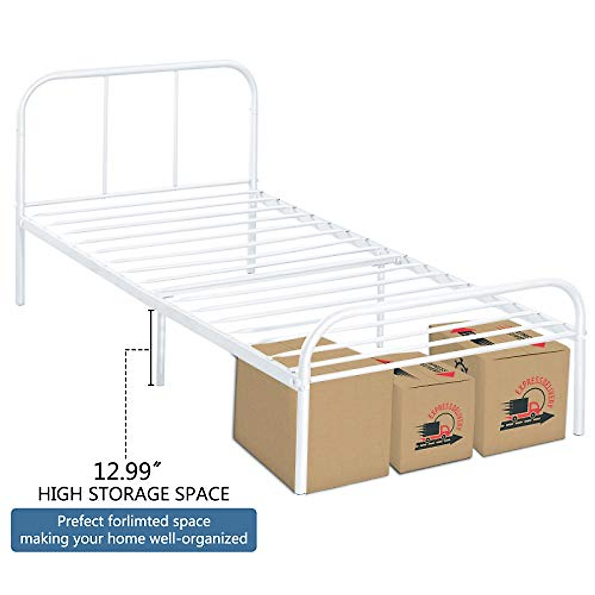 Voilamart Kids Twin Bed with Storage,Twin Metal Bed Frames with Headboard and Footboard, White Metal Platform No Box Spring Needed for Kids