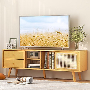 Tangkula Mid Century Modern TV Stand for TVs up to 65", Bamboo Entertainment Center w/Glass & PE Rattan Sliding Doors, 2 Drawers, Adjustable Shelf, Wood Legs, Media Console for Living Room