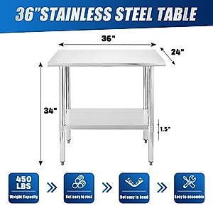 Chingoo Stainless Steel Table 24 x 36 Inches Metal Prep Table with Adjustable Undershelf, Stainless Table for Commercial Kitchen, Outdoor, Restaurant, Hotel & Garage