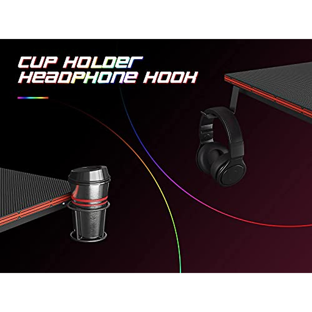 FEZIBO Gaming Desk 40 inch with LED Lighting, PC Computer Desk Gaming Table Z Shaped Gamer Workstation with Wire Mesh, Black