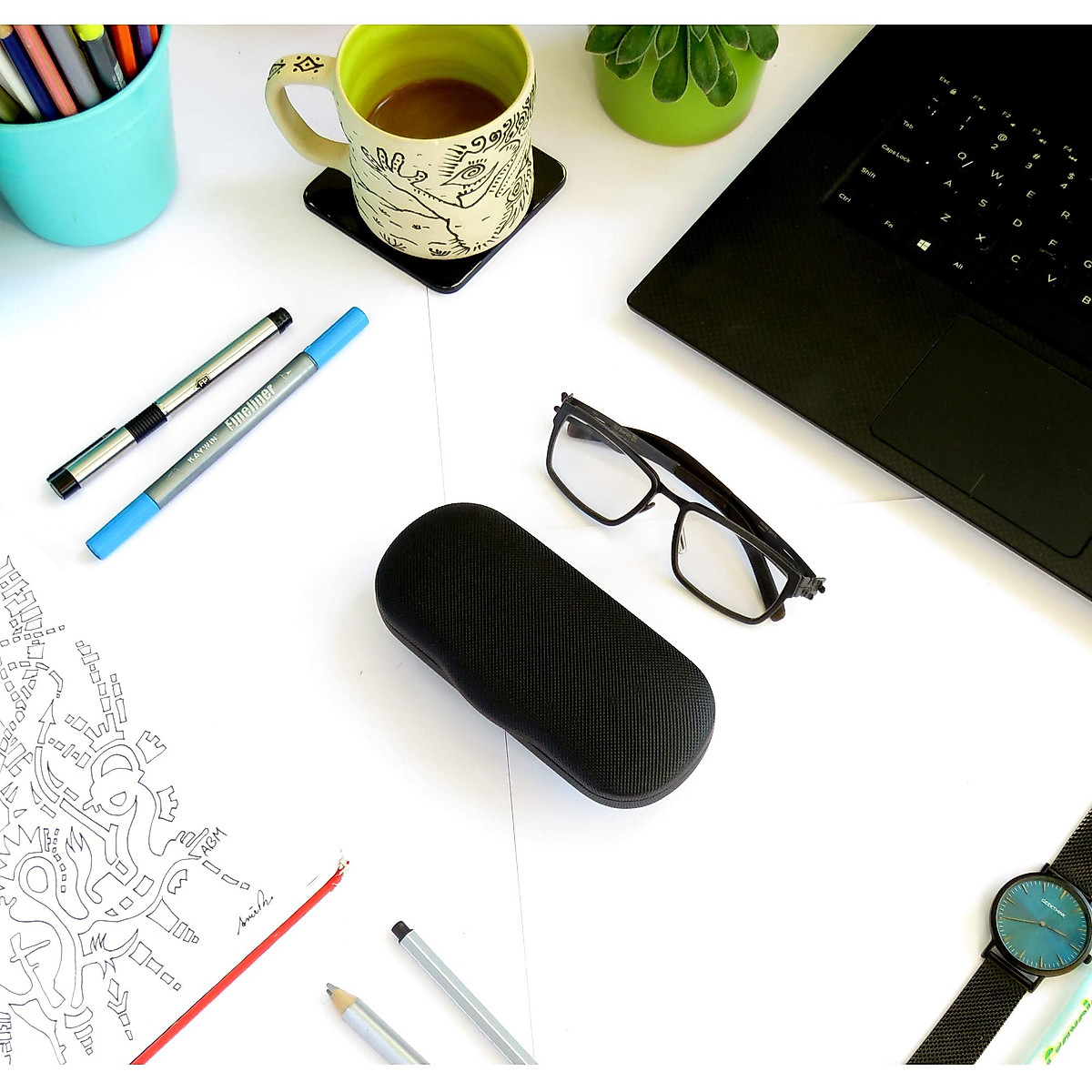 MyEyeglassCase Glasses Case Hard Shell for Small - Medium Frames - Eyeglass Clam Shell Hard Men & Women - Travel Eyewear Holder with Cleaning Fabric Cloth - Protective Storage (AS196 Rough Black)