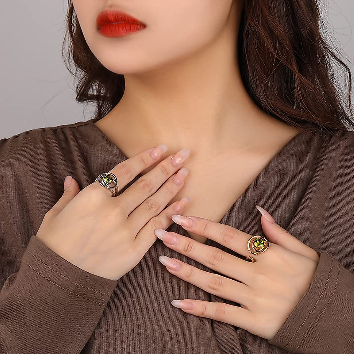 UniLogue S925 Sterling Silver Female Simple and Fashion Style Adjustable Ring, Created Olivine Line Entwined Open End Ring Jewelry Gift for Women(Double Circles)