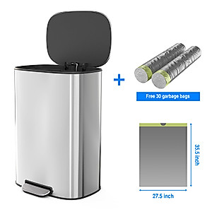Fulocseny Oval Pedal Trash Can, 13 Gallon/50L, Soft-Close Silent Lid and 30 Garbage Bags, Stainless Steel Thickened Body Garbage Can for Kitchen, Commercial, Office, Living Room - Silver