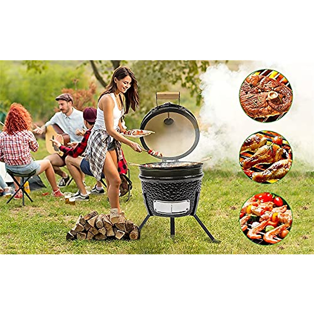 WHNB Ceramic Charcoal Grills Multifunctional Outdoor Garden Grill Without Side Table for BBQ, Camping and Picnic （13 Inch Black）