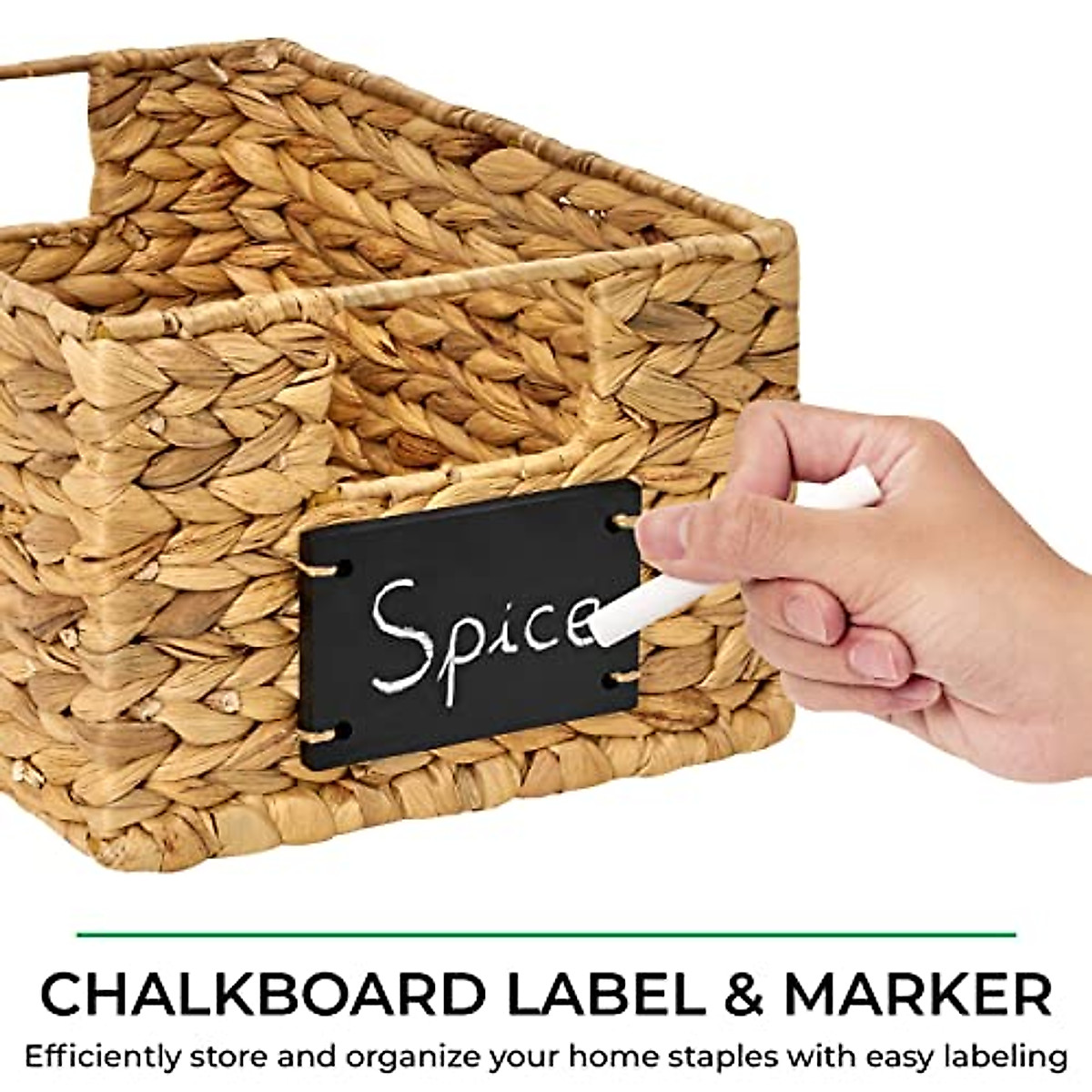 BARIEN 6 Pcs 12" x 9" x 6" Natural Water Hyacinth Storage Baskets, Rectangular Wicker Basket with Built-in Handles, Woven Cube Storage Bin with Chalkboard Label Chalk Marker (Natural - Set of 6)
