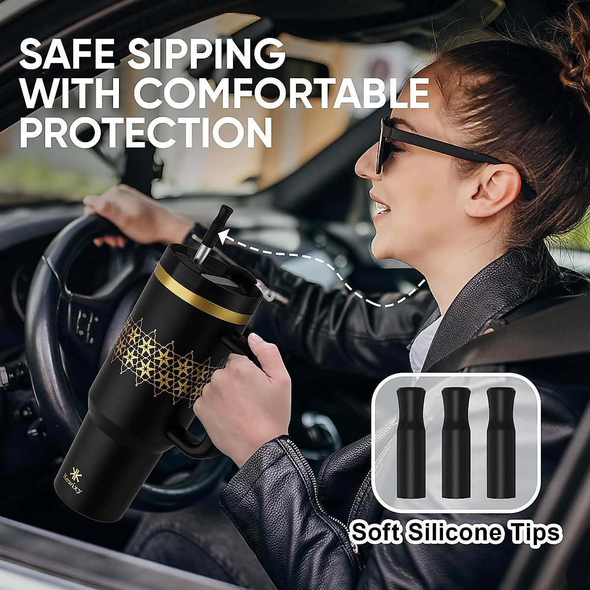 KEWIXY 40 oz Tumbler With Handle and Straw, Gloss Insulated Travel Tumbler, Fits in Cup Holder, Travel Coffee Mug with Lid, Included Leak Proof Straw Cover -Galaxy Hex