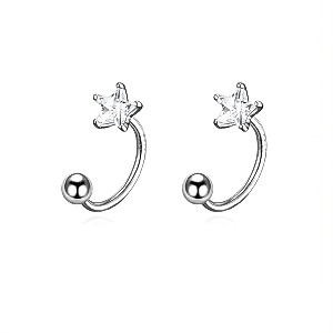 Reffeer Solid 925 Sterling Silver Star Half Hoop Earrings Open Huggie Hoops for Women Ball Cuff Earrings Star (A-Silver)