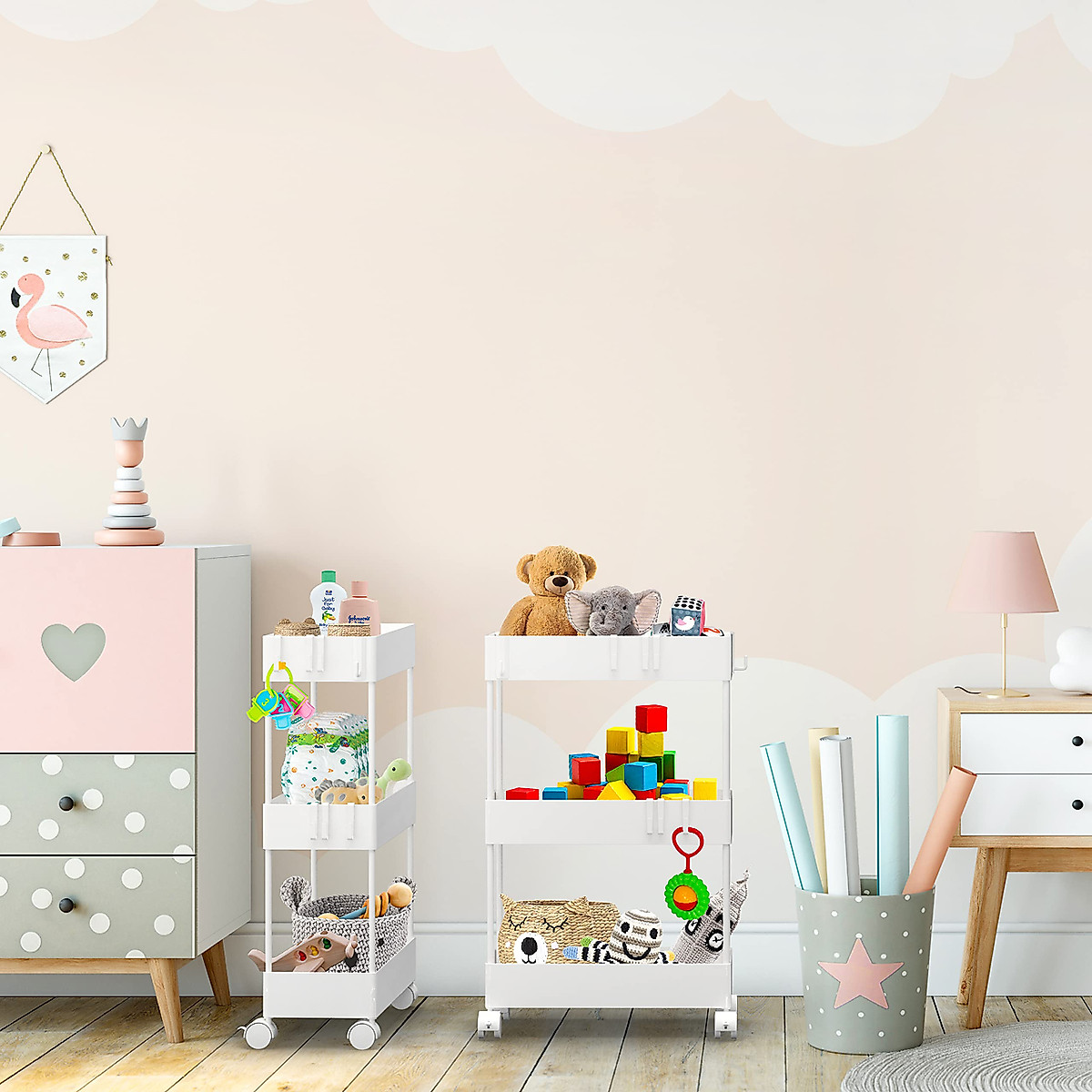 CAXXA 3 Tier Slim Mobile Utility Cart Rolling Cart ,Plastic Basket Storage Organizer, for Kitchen Laundry Bathroom Living Room Narrow Place Slide Out Storage Cart with Casters (White, 15.75Lx7W)