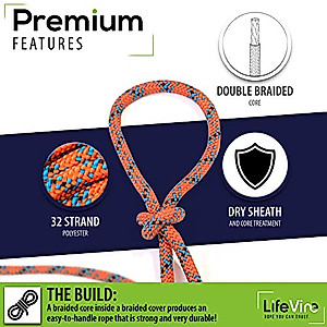 Arborist Tree Rope, Bull Rope, 18 KN, Static Rope, Tree Rope, 32 Strand, 1/2 Inch Diameter, 150 Foot, Double Braided, Orange, Blue, & Black