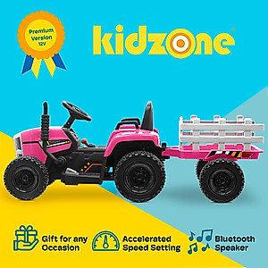 Kidzone 12V 7AH Premium Version with EVA Treaded Tires Dual 35W Motors Boost Power Torque Remote Control Powered Electric Tractor with Trailer Toddler Ride On Toy 3-Gear-Shift, 7-LED Lights, MP3