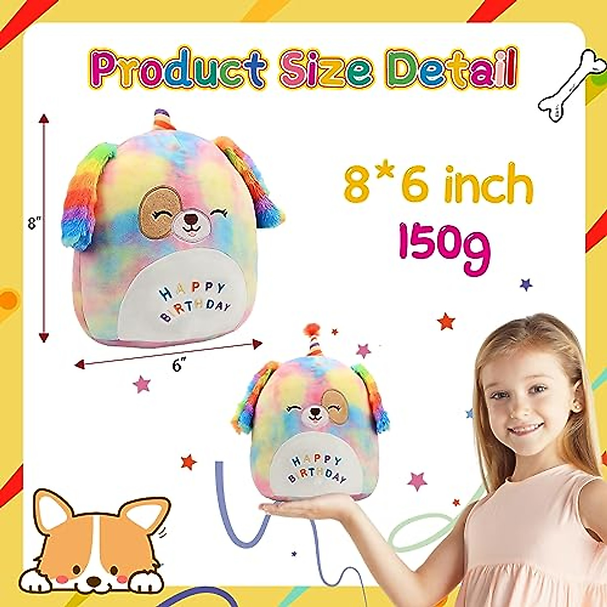 LSYEE 8’‘ Happy Birthday Dog Plush Rainbow Birthday Dog Plush Pillow Soft Puppy Plush Toy Cute Dog Stuffed Animal Home Room Decoration Birthday Gift for Kids Toddlers