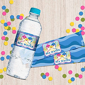 Little Shark Baby Sea Birthday Themed Waterproof Water Bottle Sticker Wrappers 20 Wrap Around Labels Sized 1.75" x 8.5" by AmandaCreation