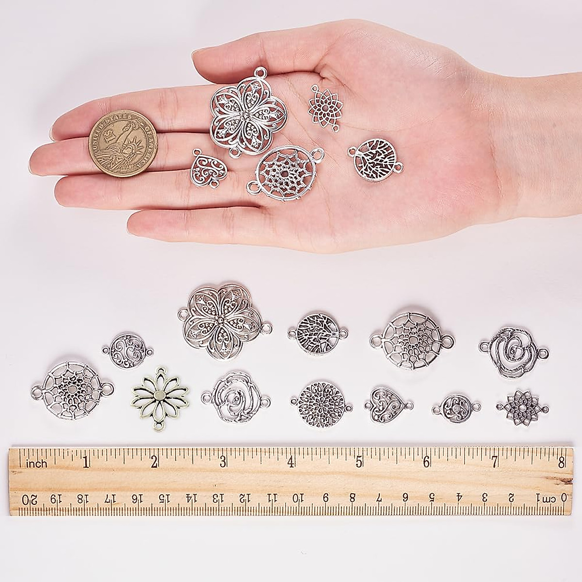 SUNNYCLUE 1 Box 60pcs Assorted Connector Charms Flower Tree of Life Charms Dream Catcher Antique Silver Chakra Heart Linking Connectors Charm for Jewelry Making Charms DIY Craft Supplies Accessories