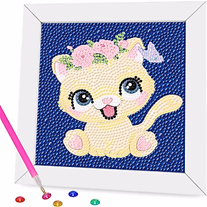 Miairivy Diamond Painting for Kids, 5D Animal Diamond Art Mini Small Kit(with Wooden Frame), DIY Cute Cat Big Gem Painting Set, Paint by Diamonds Crafts for Girls Boys Ages 4-12