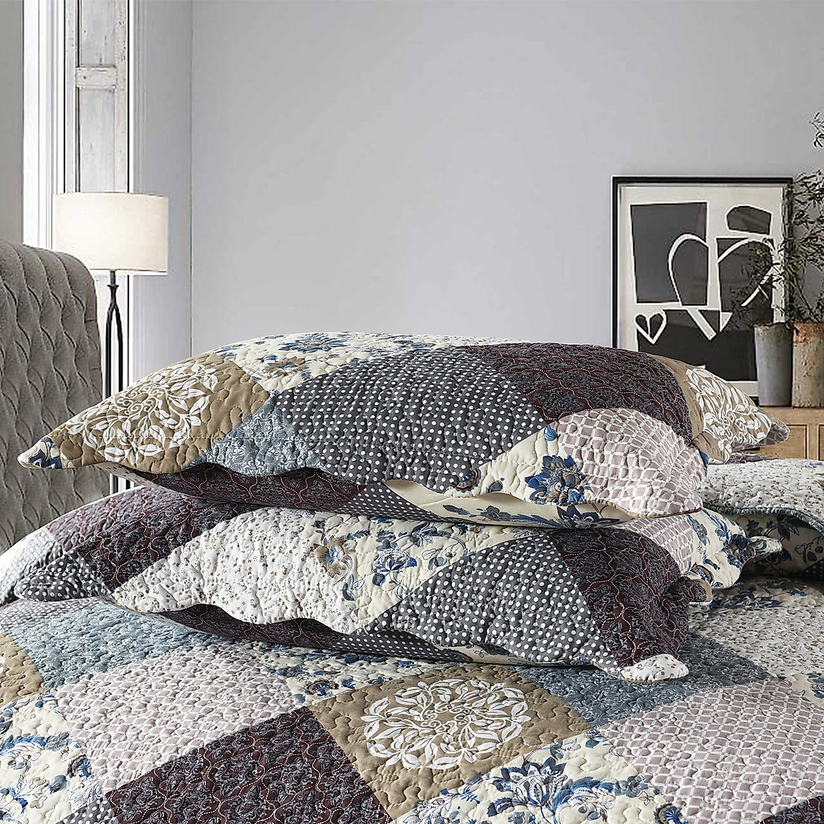 Travan 3-Piece Queen Quilt Set Quilted Bedspread Oversized Microfiber Lightweight Coverlet Set with Shams Reversible Printed Coverlet Bedding Set for All Season, Slate Blue, Queen Size