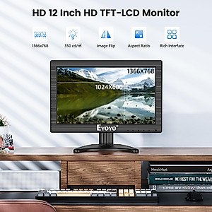 Eyoyo 12 Inch Monitor 16:9 Mini HDMI Monitor Screen 1366x768 Small TV Monitor Display with HDMI VGA BNC AV USB Input for Computer PC RasPi Laptop CCTV Security Analog Camera