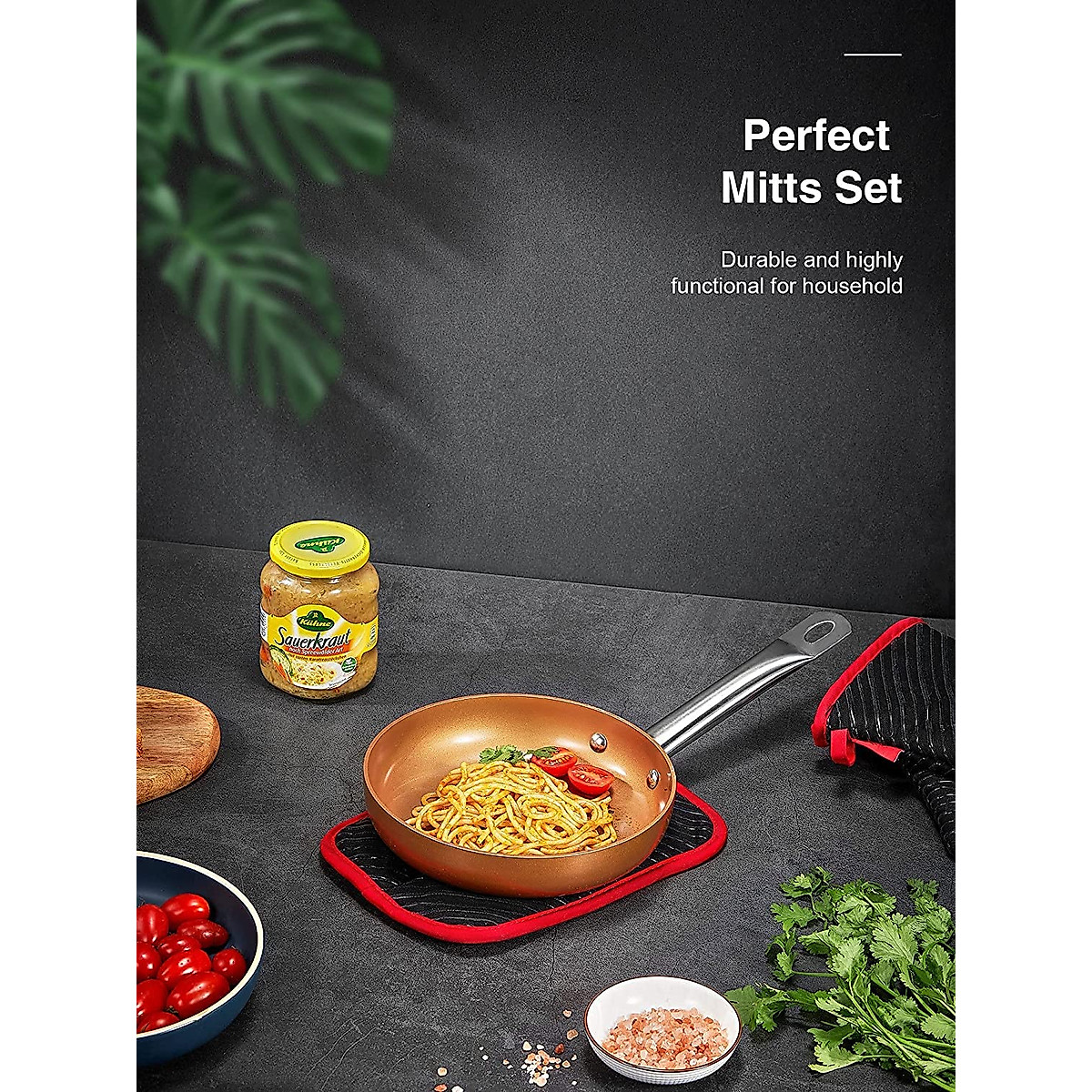 Oven Mitts Set of 4, Heat Resistant up to 572°F, Cotton Baking Gloves with Non-Slip Silicone, Cooking Gloves for Grilling and BBQ, Baking, Cooking, Black