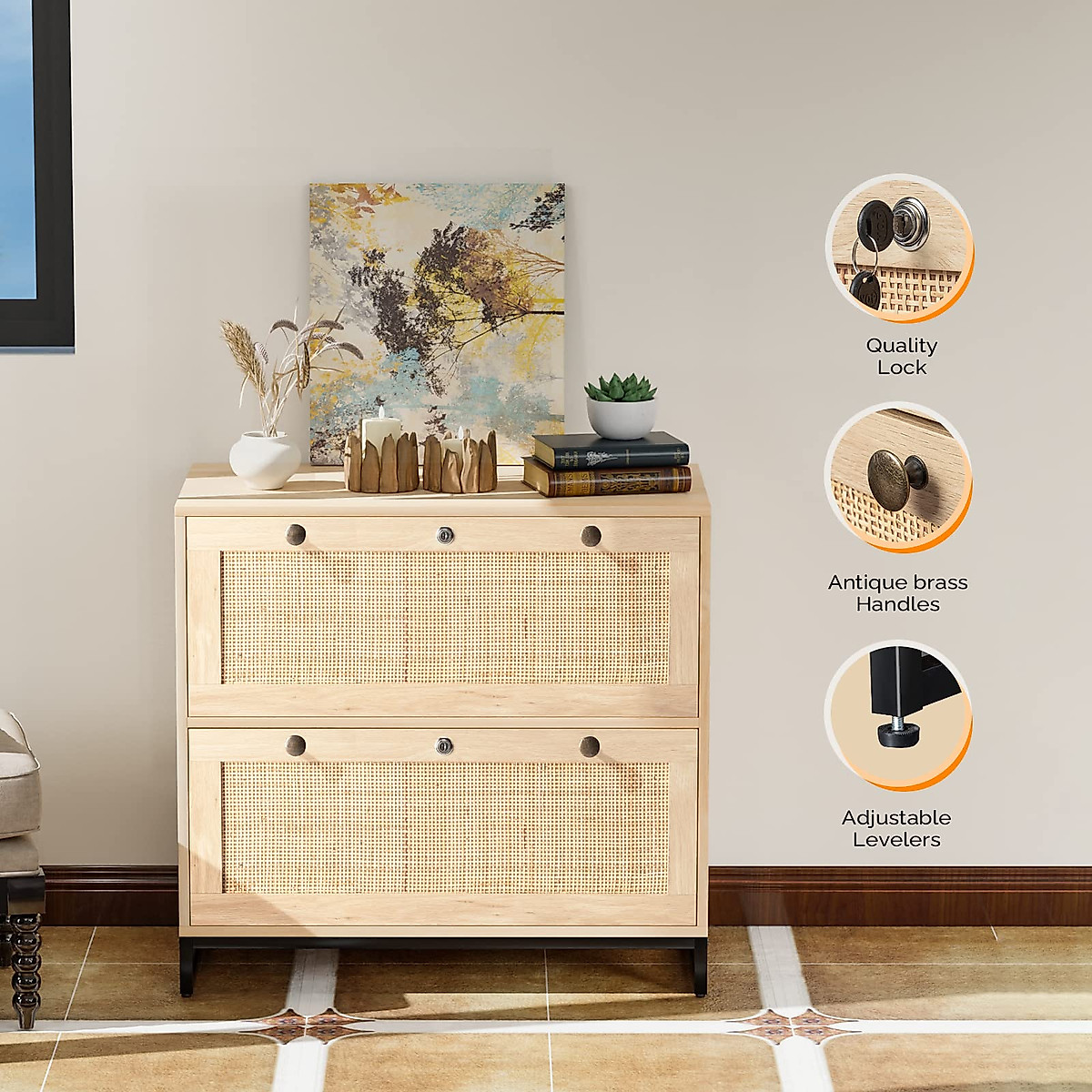 VINGLI Wood Rattan 2-Drawer Lateral File Cabinet with Lock for Home Office, Lockable Filing Cabinet with Rustic Metal Handles for Hanging Letter/A4/Legal Size Labeled Folders, Oak, 30W x 16D x 28H